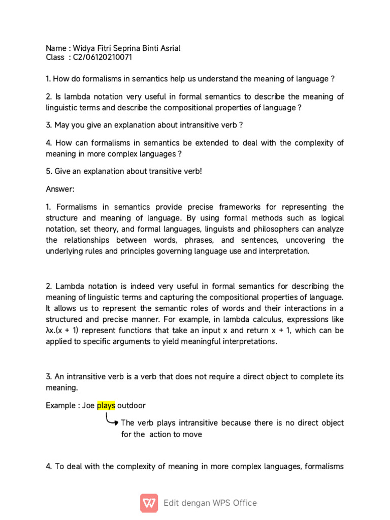 Formal Semantics & Verb Types Explained | PDF | Semantics | Linguistics