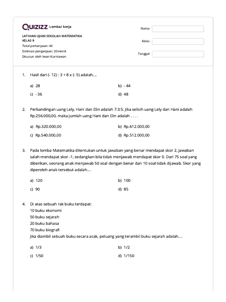 LATIHAN UJIAN SEKOLAH MATEMATIKA KELAS 9 - 40 Soal | PDF