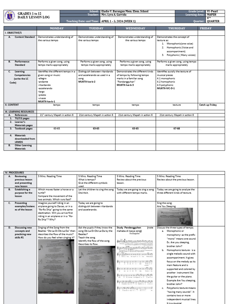 DLL - Mapeh 6 - Q4 - W1 | PDF | Tempo | Songs