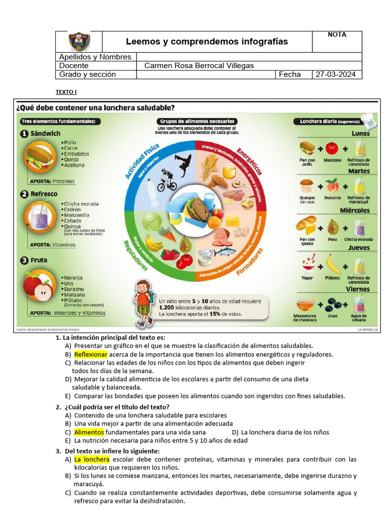 Comprensión Lectora Infografia - Alimentación | PDF | Alimentos | Panes