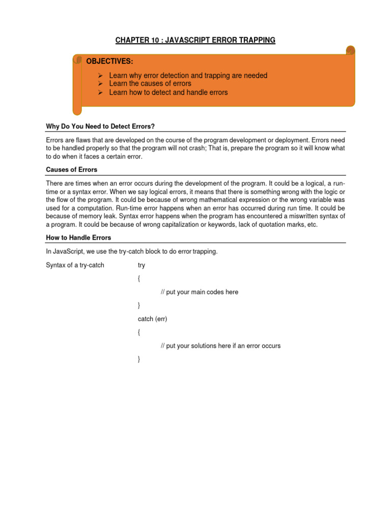Chapter 10 Javascript Error Trapping | PDF