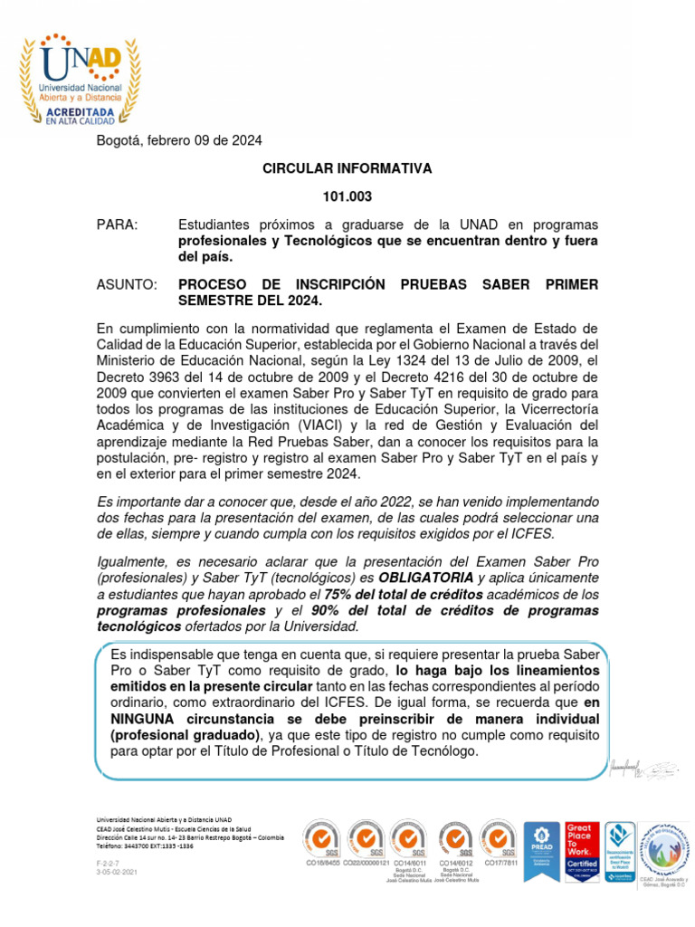 Circular 101.003 Pruebas Saber Isem2024 | PDF | Colombia | Organizaciones educativas