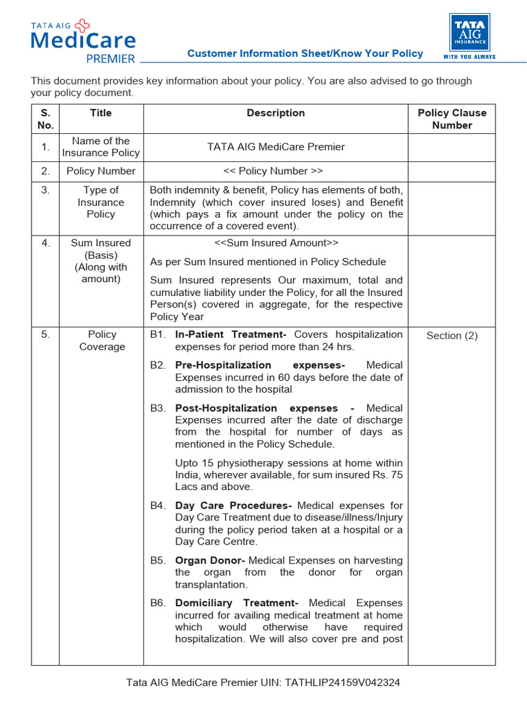 TATA AIG MediCare Premier Overview | PDF | Insurance | Medicare (United ...