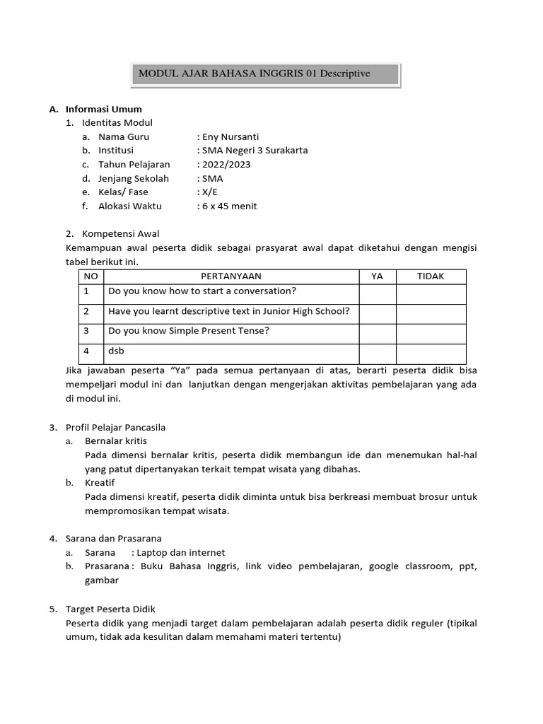 Contoh - Modul Ajar - 01 - Fase E - Descriptive | PDF