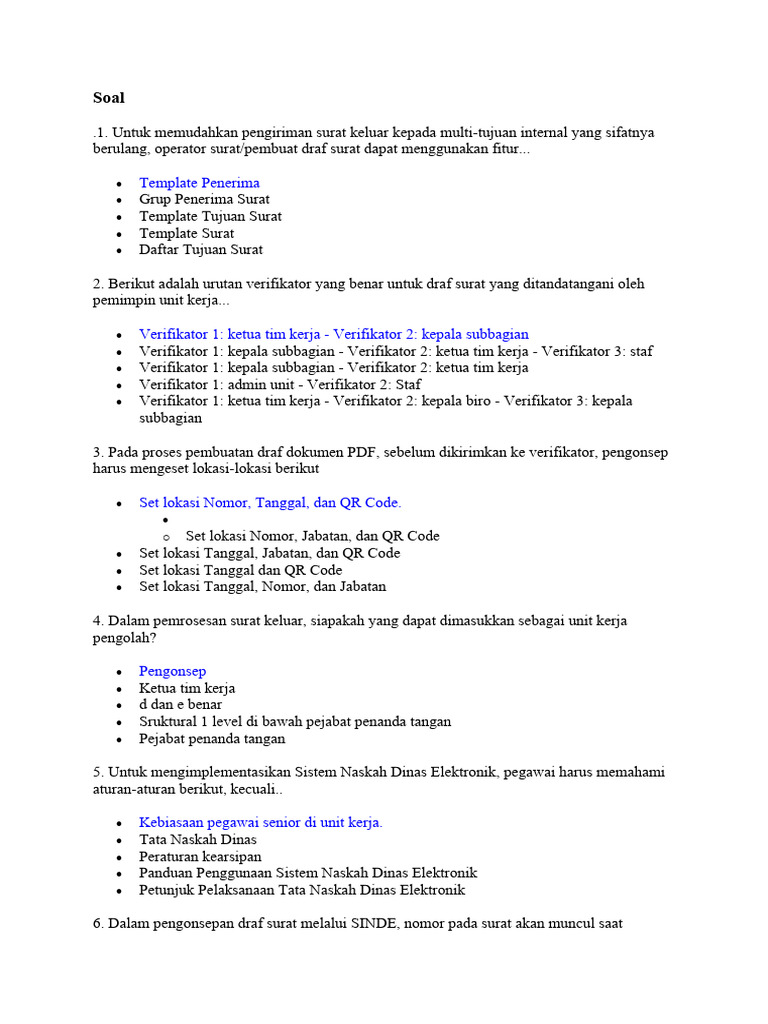 Soal Jawaban Kuis Materi Sisten Naskah Dinas Elektronik (SINDE) | PDF