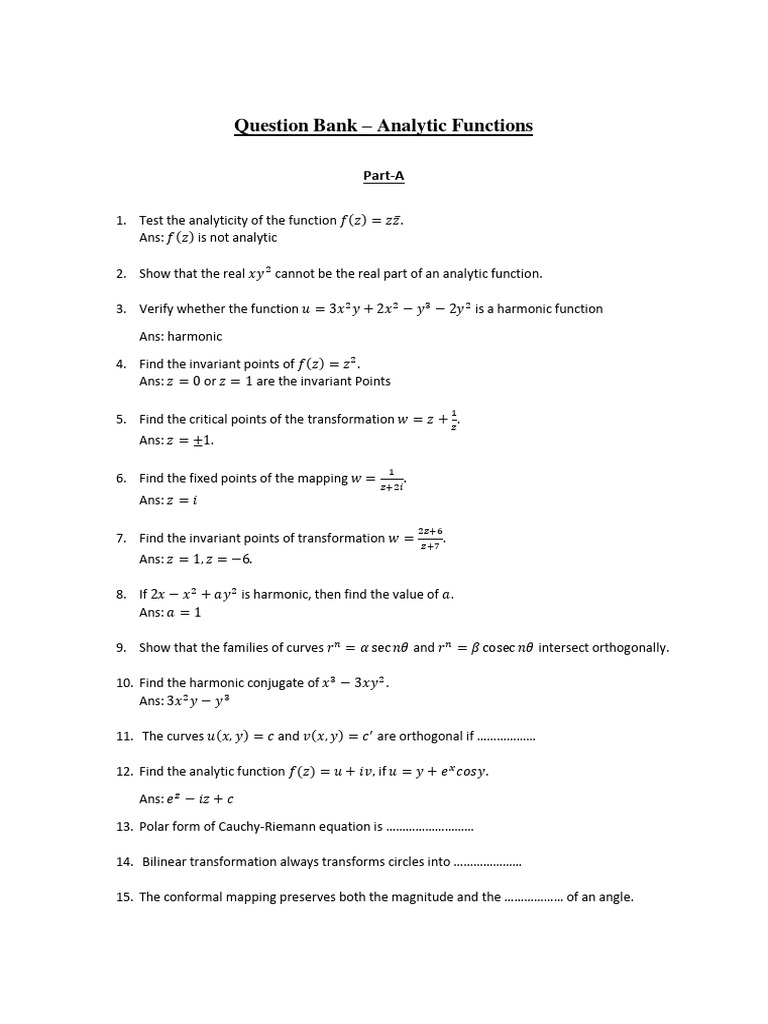Question Bank-Analytic Function | Download Free PDF | Function (Mathematics) | Complex Number