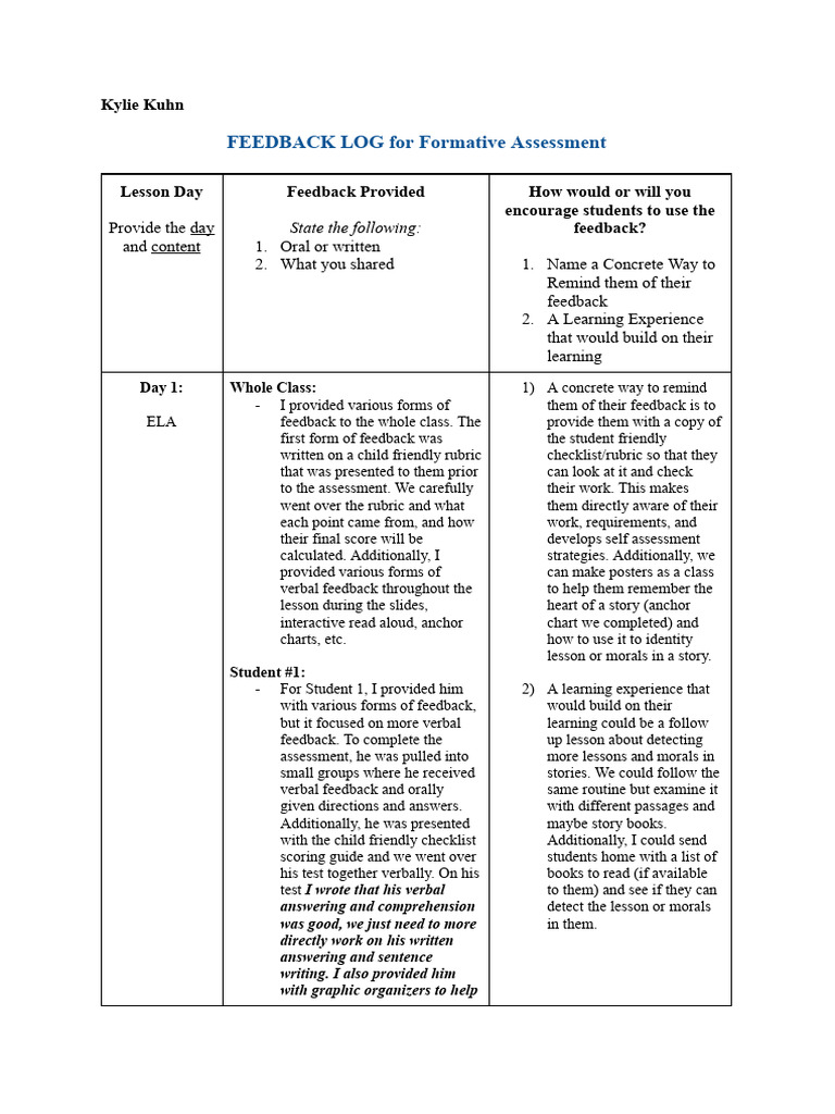 Formative Assessment Feedback Log | PDF | Learning | Cognition