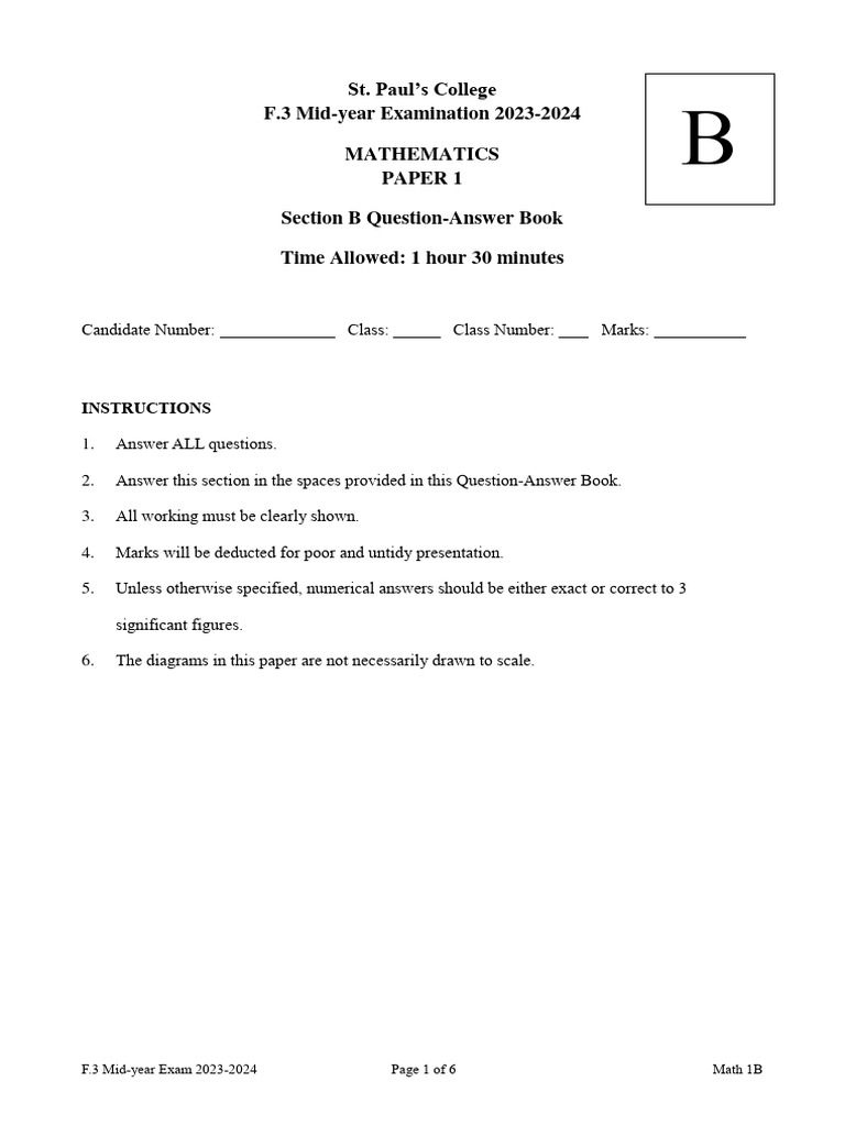 2324 F3 T1 Paper 1 Section BQAB | PDF | Mathematics