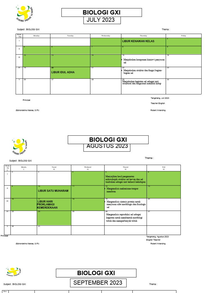 Jadwal Pelajaran Biologi GXI 2023-2024 | PDF