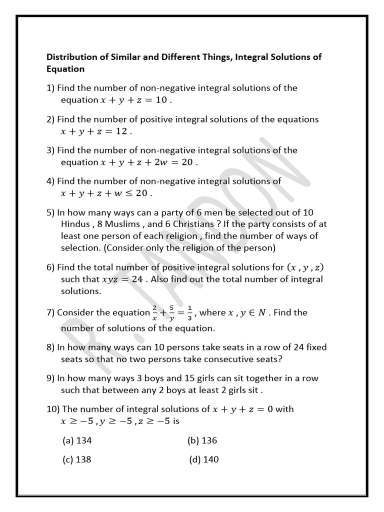 Integral Solutions and Combinatorial Problems | PDF | Numbers | Equations