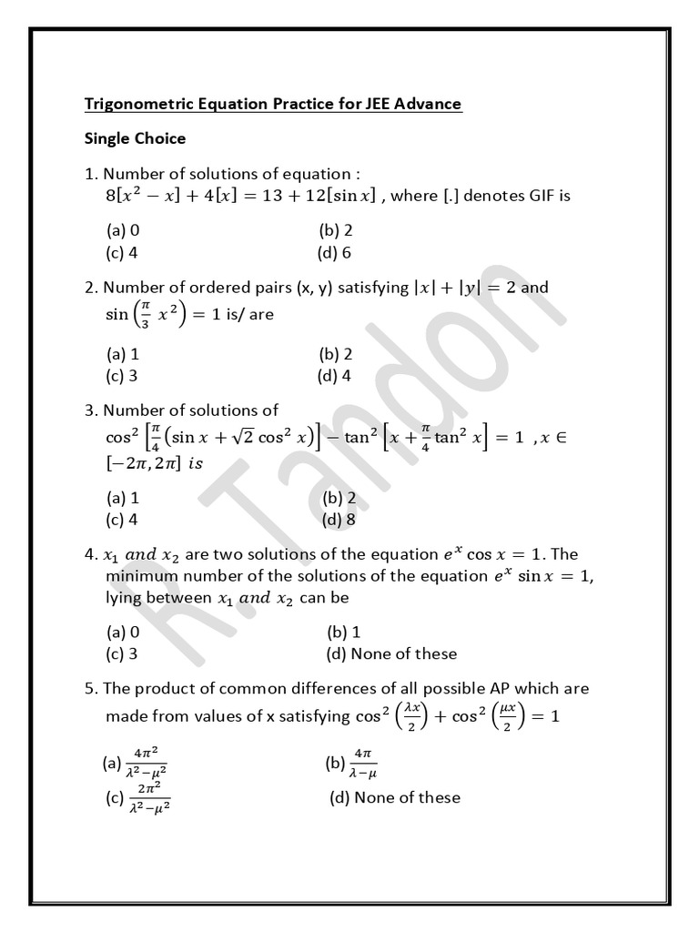 Trigonometric Equation Practice For Jee Advance Download Free Pdf Equations Circle