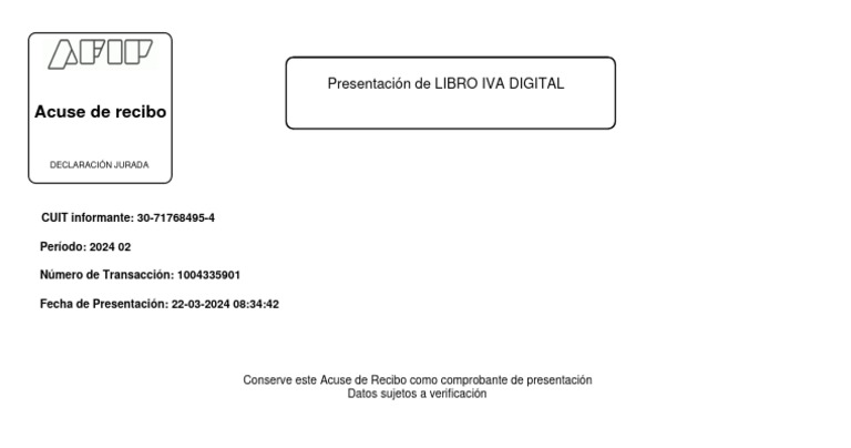 Acuse Presentacion Libro Iva 30717684954 1 1004335901 | PDF