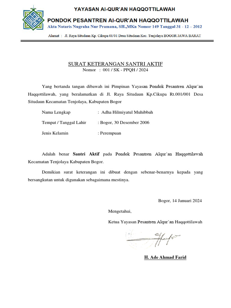 Surat Keterangan Santri Aktif 2024 | PDF