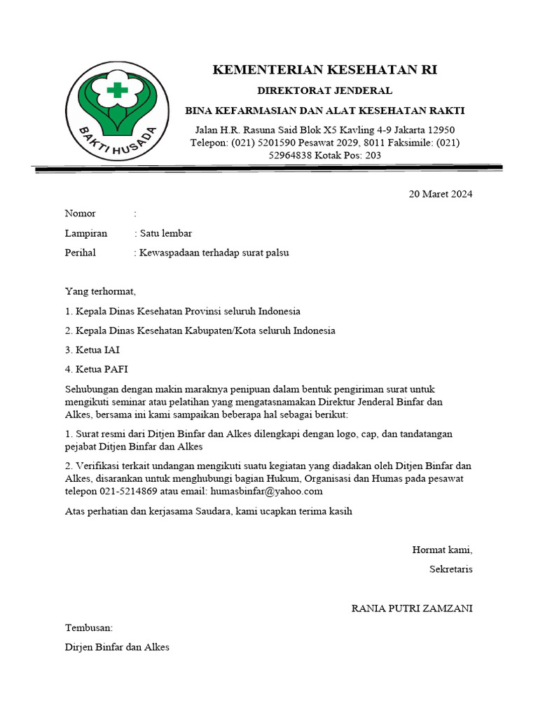 Waspada Surat Palsu Ditjen Binfar | PDF