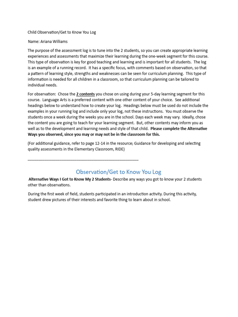 spring 2024-child observation-getting to know you log- assessment ...
