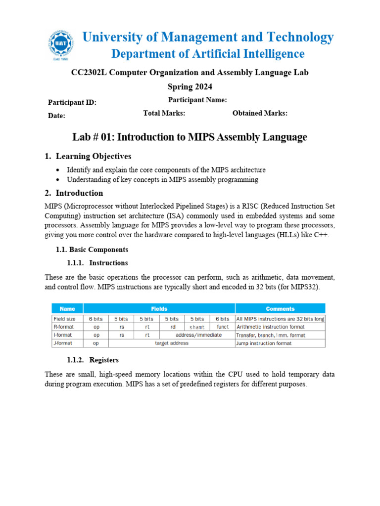 CC2302 COAL Lab # 01 | PDF | Assembly Language | Variable (Computer Science)