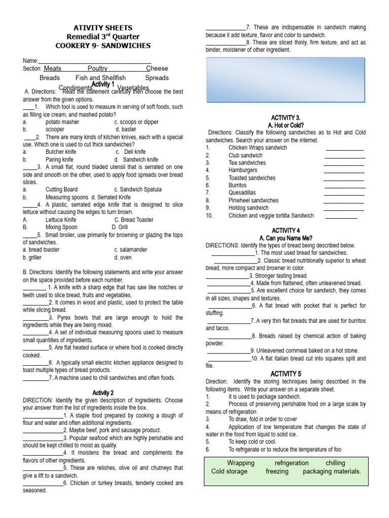 ATIVITY SHEETS-remedial-Q3-SANDWICHES | PDF | Sandwich | Breads ATIVITY SHEETS-remedial-Q3-SANDWICHES | PDF | Sandwich | Breads