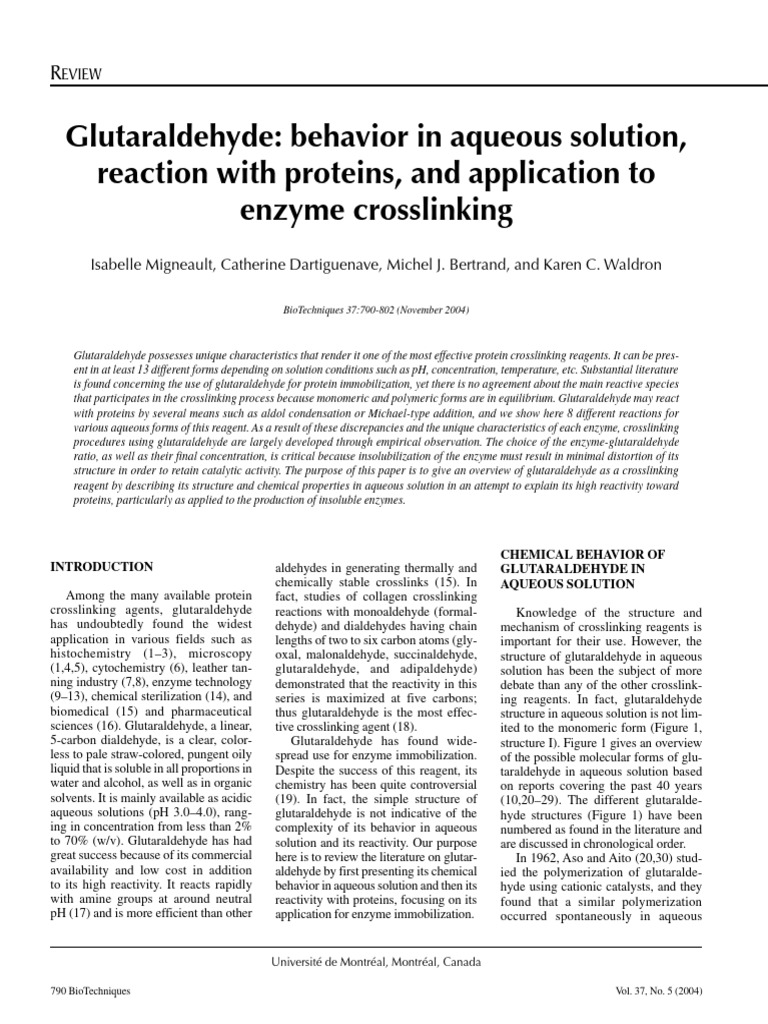 Glutaraldehyde behavior in aqueous solution, reaction with proteins, and application to enzyme ...
