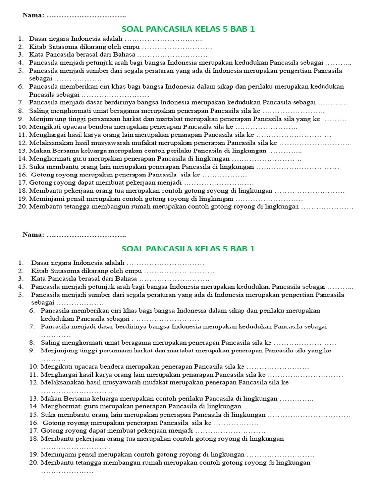 Soal Pancasila Kelas 5 BAB 1 | PDF