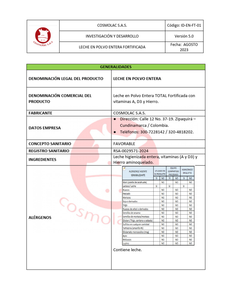 Id-En-ft-01 Ficha Tecnica Entera Total | PDF | Leche | Leche en polvo
