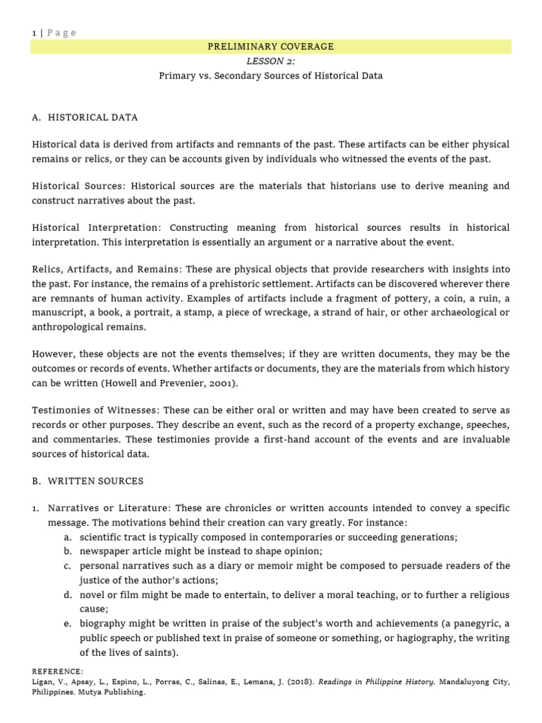 PRELIM-RPH-Lesson-2-Primary-vs.-Secondary-Sources | PDF | Primary Sources | Artifact (Archaeology)