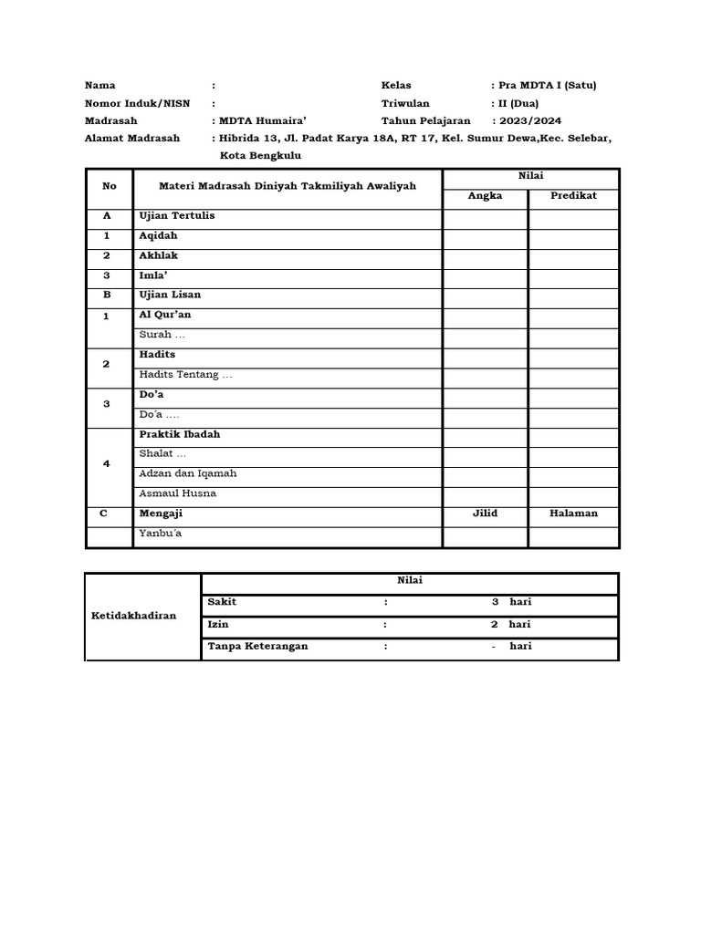 Format Raport MDTA Kelas 1-2 | PDF