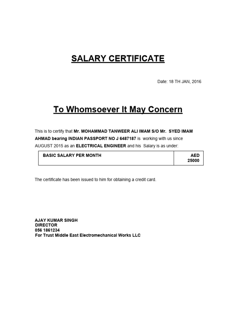 Employee Salary Certificate for Credit Card | PDF