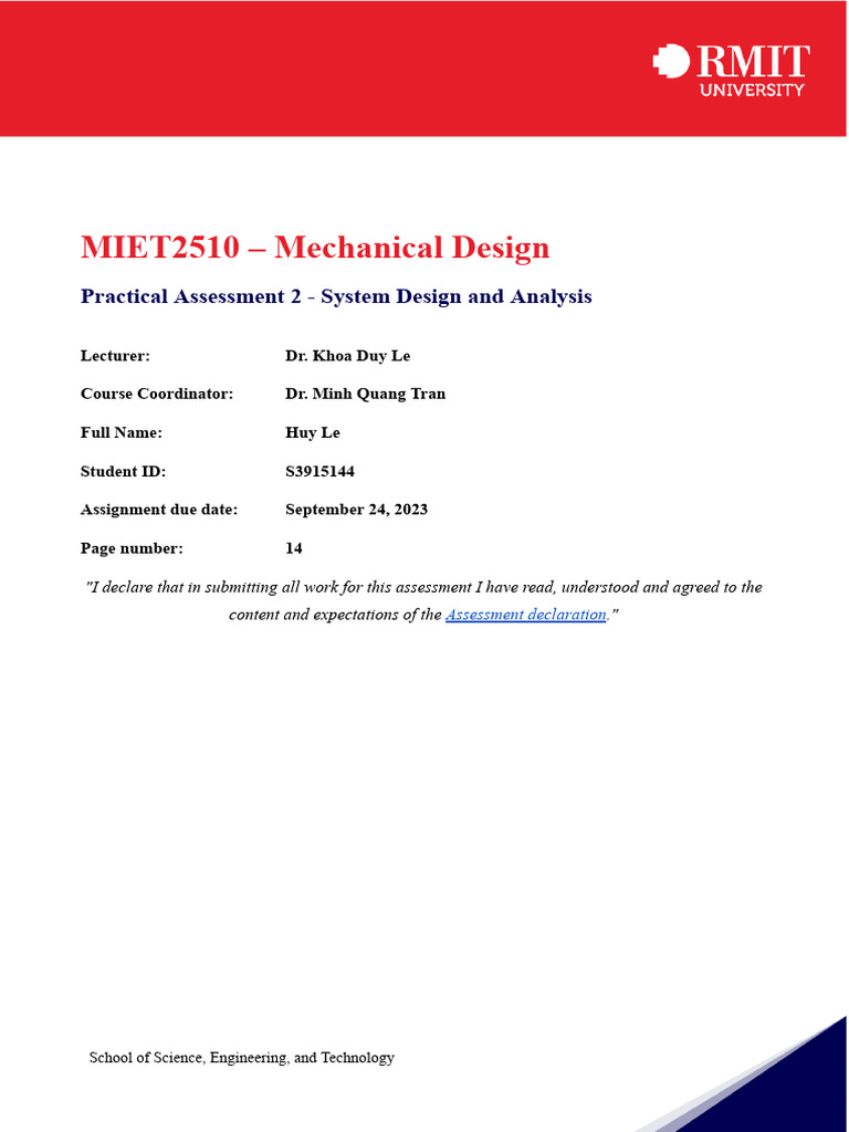 MIET2510 Mechanical Design - Practical Assignment 2 | PDF | Bending | Crane (Machine)