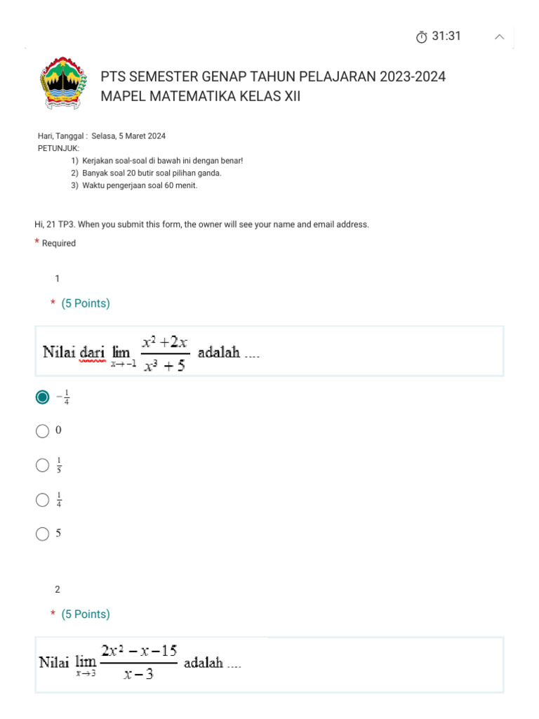 Pts Semester Genap Tahun Pelajaran 2023-2024 Mapel Matematika Kelas Xii | PDF
