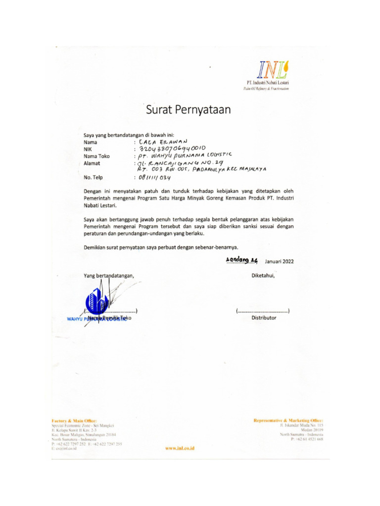 Surat Pernyataan Subsidi PT Wahyu Purnama Logistic | PDF