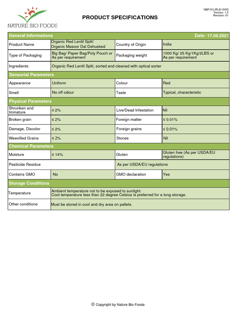 Organic Red Lentil Split Rev 01 | PDF | Lentil