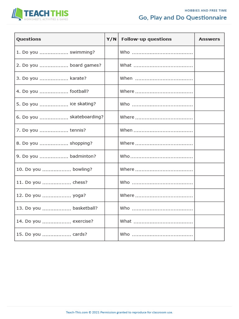 Sports and Activities Questionnaire | PDF | Hobbies | Leisure