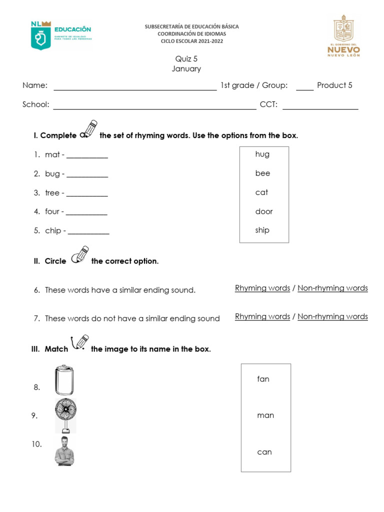 1st Grade Quiz Product 5 | PDF