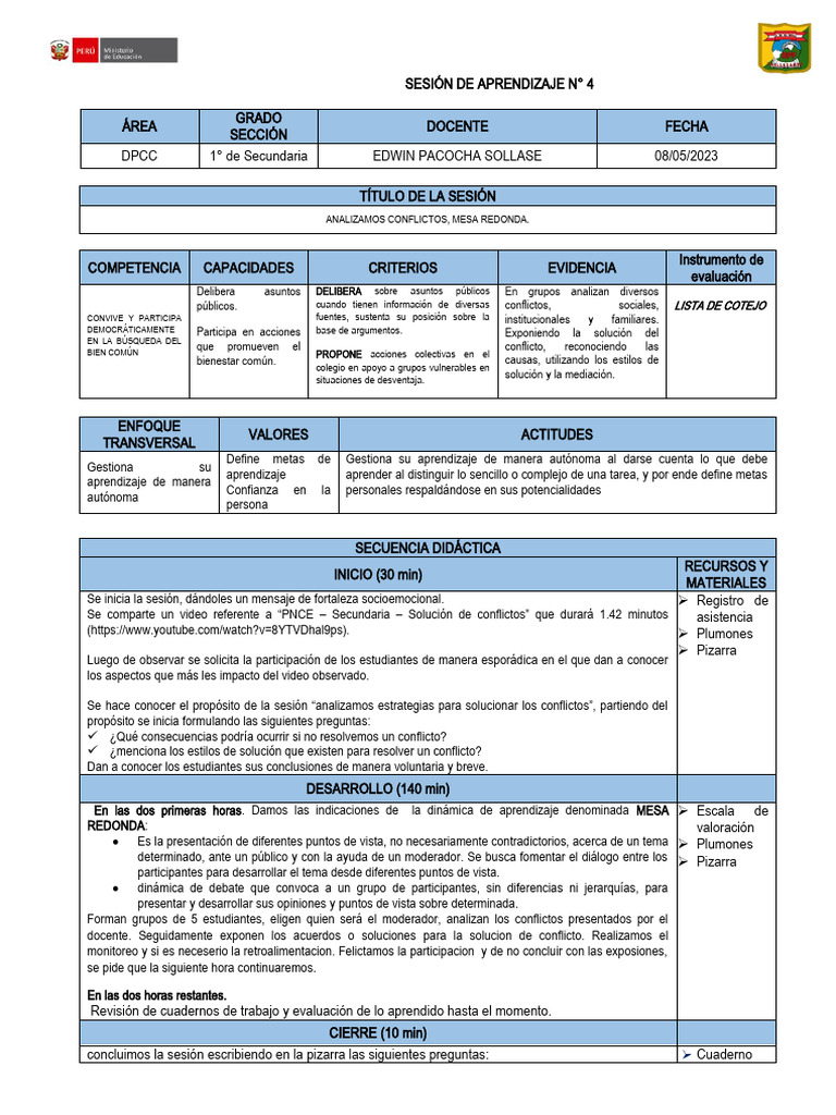 Sesion de Aprendizaje - DPCC 1° - #5 | PDF | Aprendizaje | Evaluación