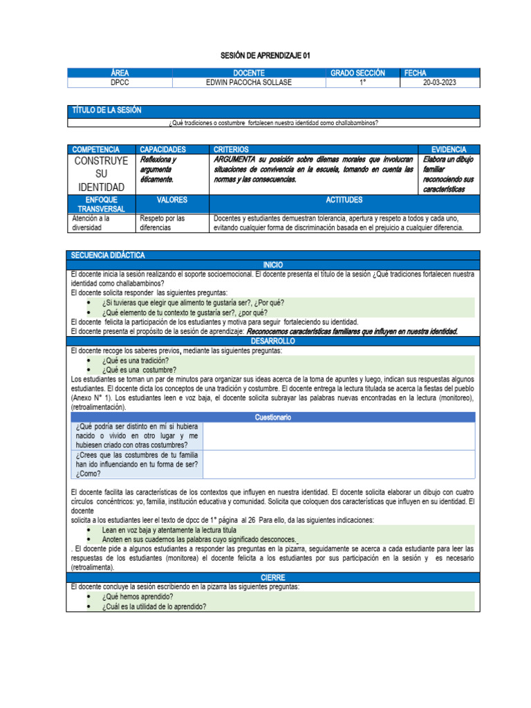 SESIÓN DE APRENDIZAJE-DPCC 1°- N° 2 | PDF | Cognición | Modificación de comportamiento