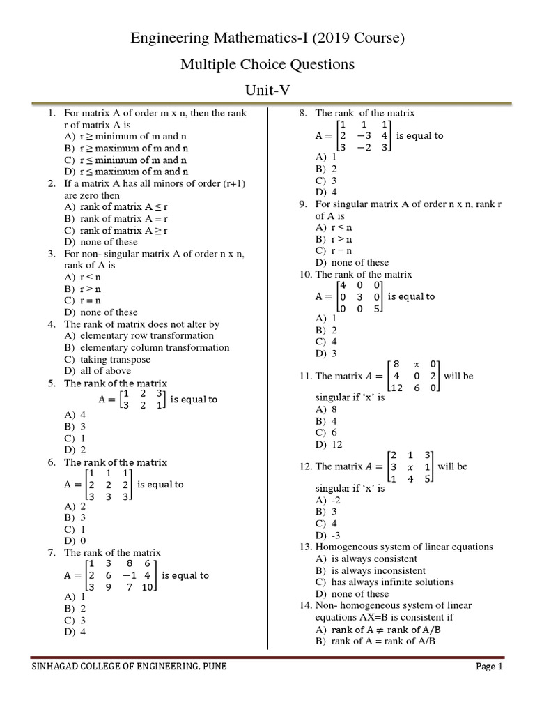 M1 (UNIT 5) (MCQS) | PDF | System Of Linear Equations | Functions And Mappings