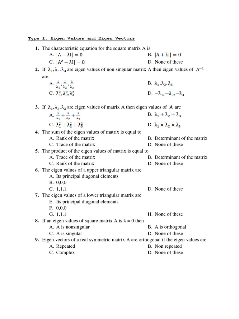 M1 (UNIT 6) (MCQS) | PDF | Eigenvalues And Eigenvectors | Matrix (Mathematics)