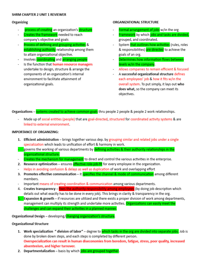 SHRM Chapter 2 Unit 1 Reviewer2 | PDF | Organizational Structure | Goal