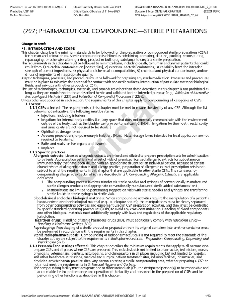 USP 797: Sterile Compounding Standards | PDF | Allergen | Pharmacy