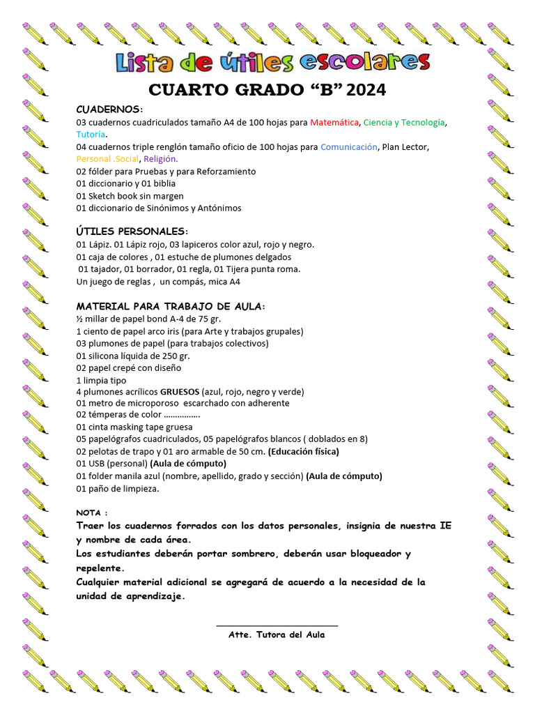Lista de Útiles Escolares Cuarto Grado B 2024 | PDF