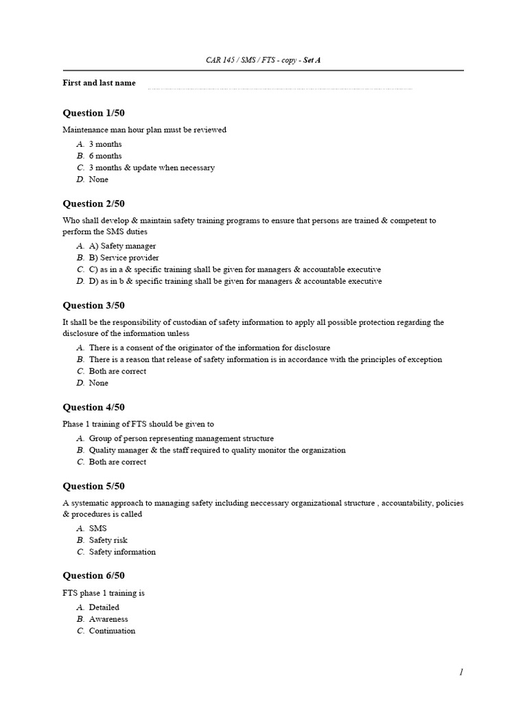CAR 145 _ SMS _ FTS - Copy - Set a - Questions | PDF