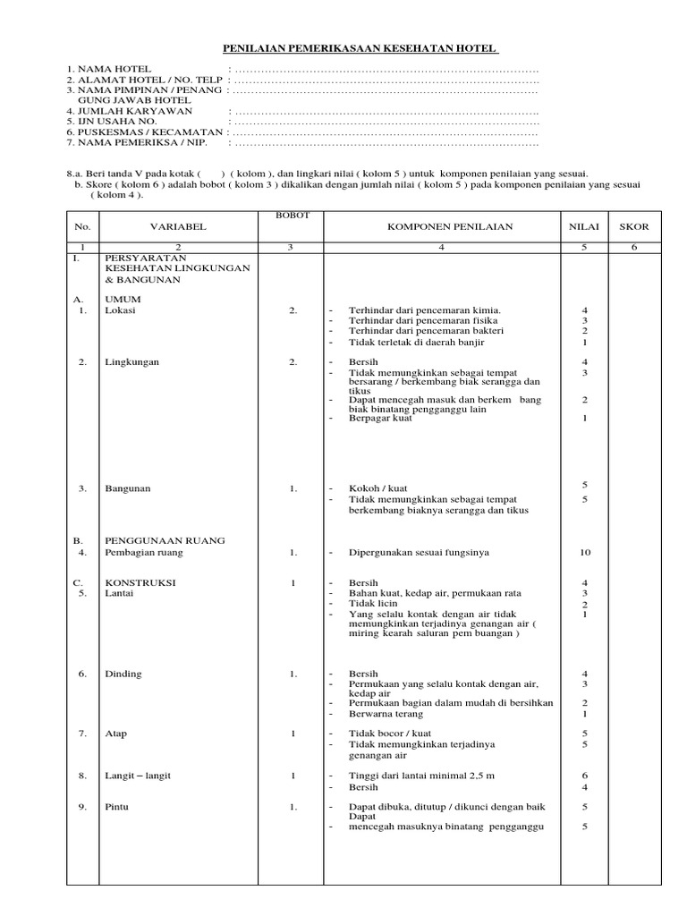Form Inspeksi Sanitasi Hotel | PDF