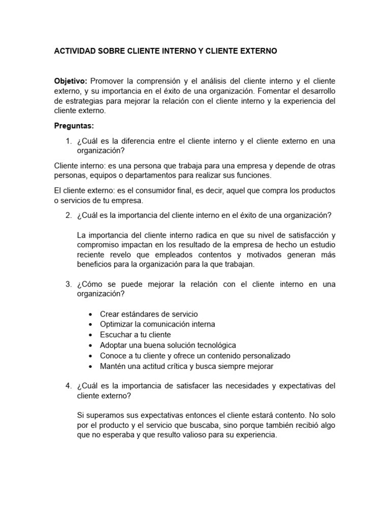 Actividad Sobre Cliente Interno y Cliente Externo | PDF | Cliente ...