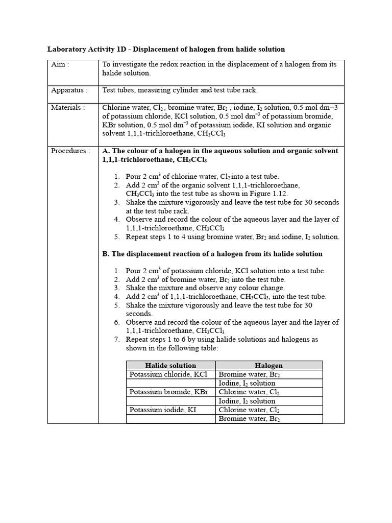 Halogen Displacement Reaction Experiment | PDF | Chlorine | Iodine