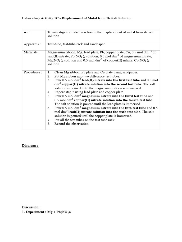 EXP CHEM F5 - ACT 1c - Displacement of Metal | PDF | Redox | Magnesium