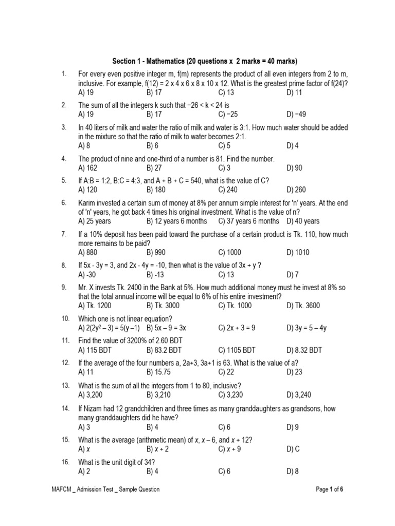 MAFCM Sample Question | PDF | Elementary Mathematics | Mathematical Objects
