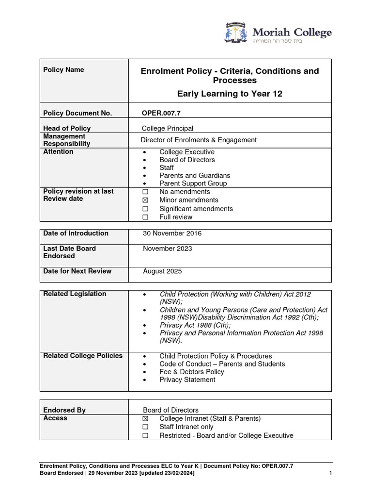 Enrolment Policy Updated 2024 | PDF
