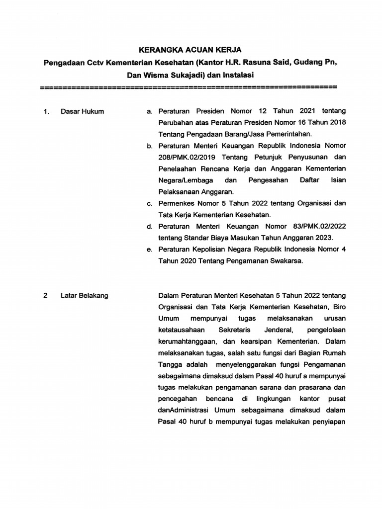KAK Pengadaan CCTV Kementerian Kesehatan Kantor H.R. Rasuna Said Gudang PN Dan Wisma Sukajadi ...