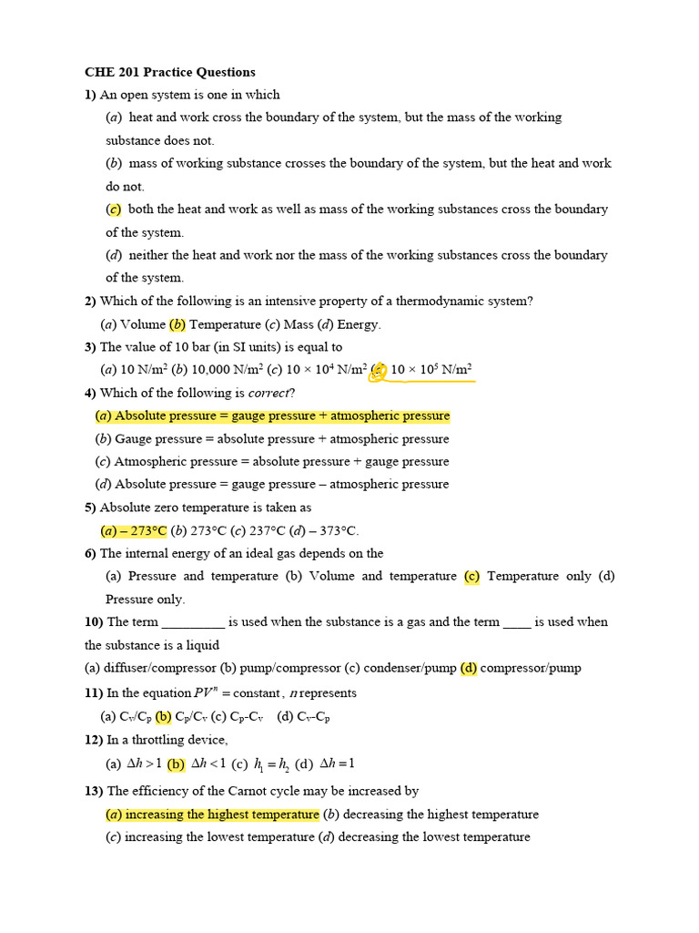 CHE 201 Practice Questions Solution 1 | PDF | Pressure | Temperature