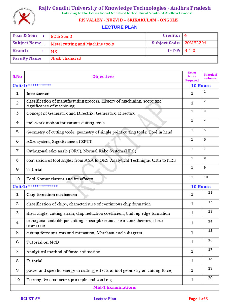 Lecture Plan - MCMT | PDF | Machining | Machines